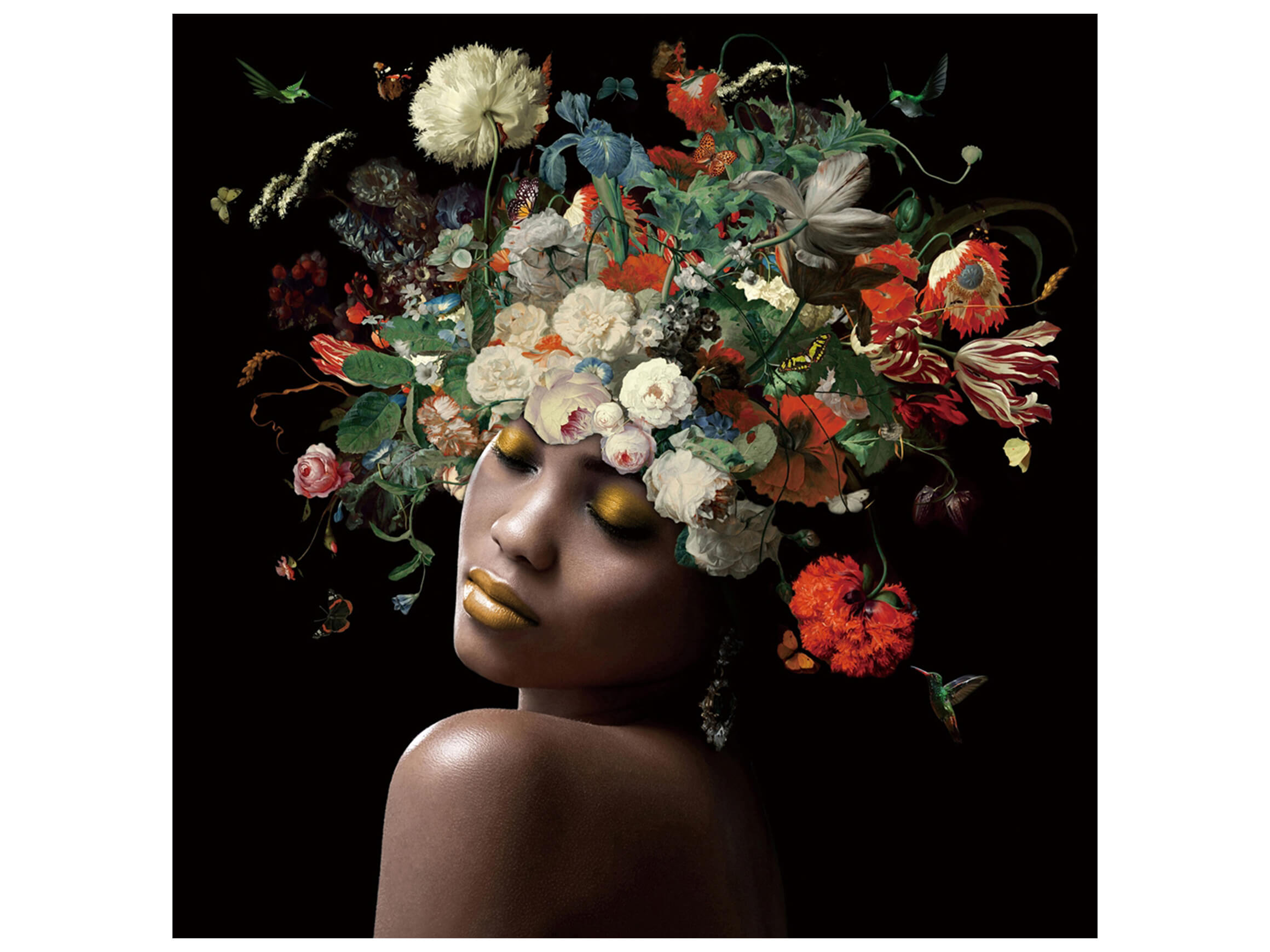 Impression numérique sur verre Dame avec perruque florale image LAND