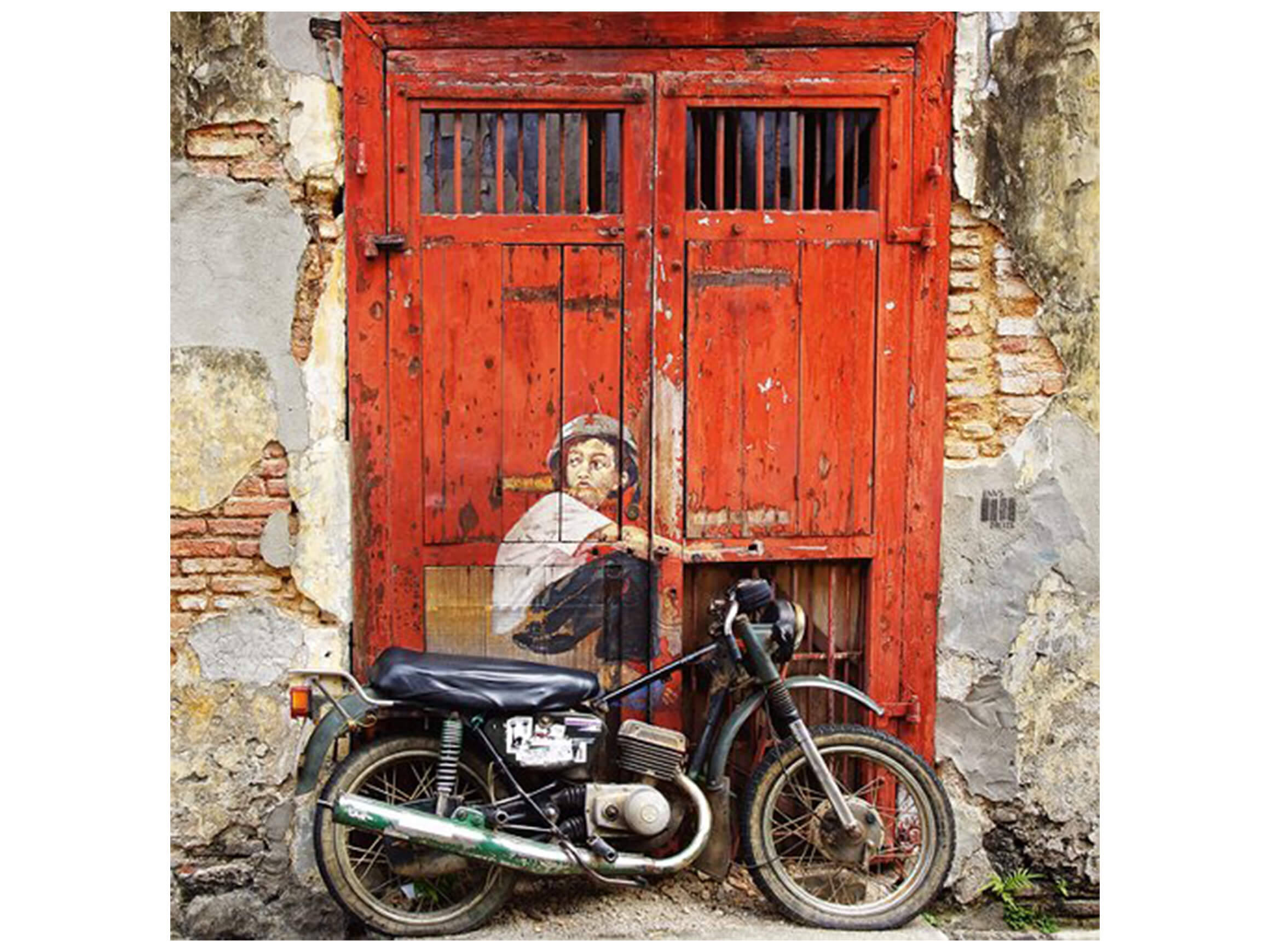 Digital print on glass street art with moped image LAND